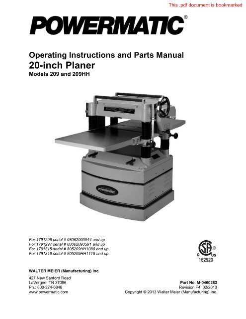 Operating Instructions and Parts Manual 20-inch Planer - Powermatic