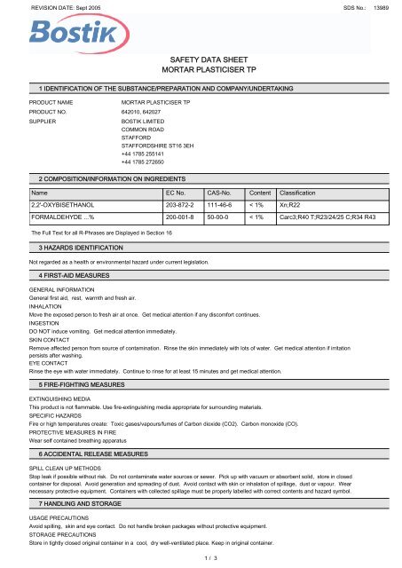 safety data sheet mortar plasticiser tp - Trademate Home Page