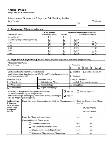Beihilfeantrag: Anlage Pflege - Rhein-Kreis Neuss