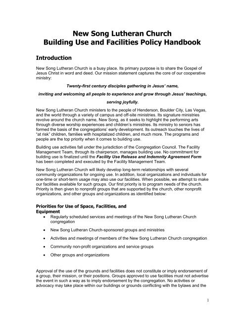 New Song Lutheran Church Building Use and Facilities Policy ...