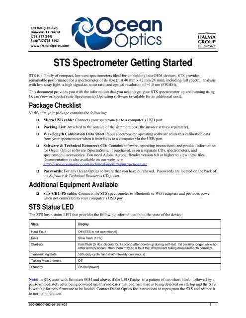 STS Spectrometer Getting Started - Ocean Optics