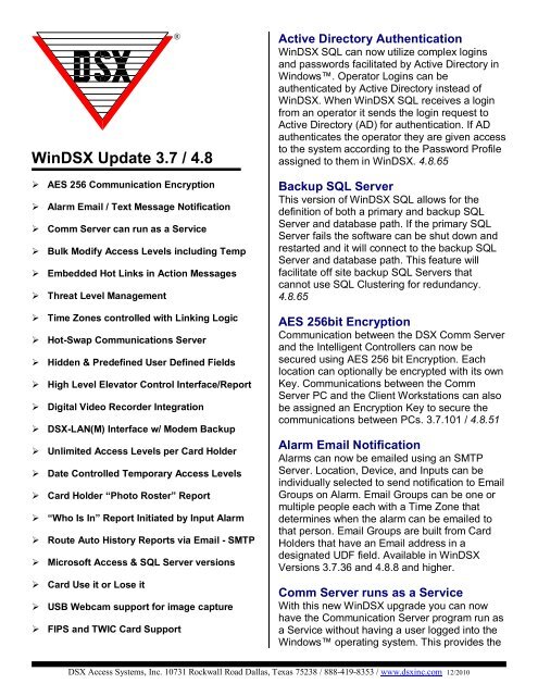 WinDSX 3.7 / 4.8 Update Information - DSX Access Systems, Inc.