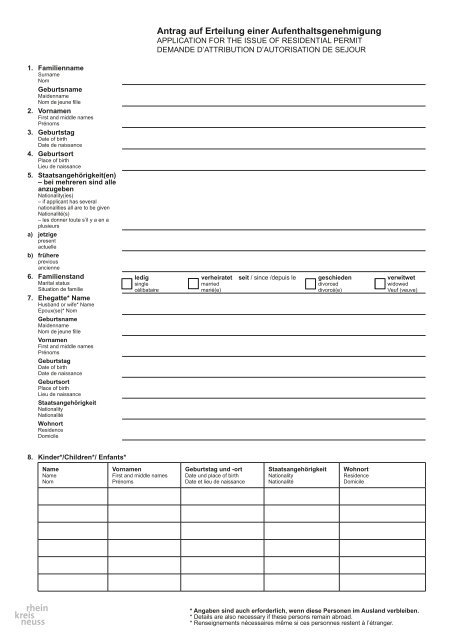 Antrag auf Erteilung einer Aufenthaltsgenehmigung / Application for ...