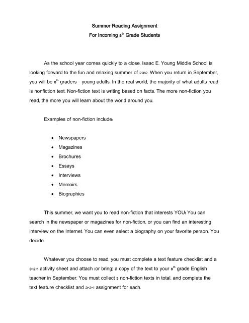 Summer Reading Assignment 8 For Incoming th Grade Students ...