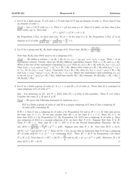 MATH 251 Homework 6 Solutions 1 Let G Be A Finite Group N G 
