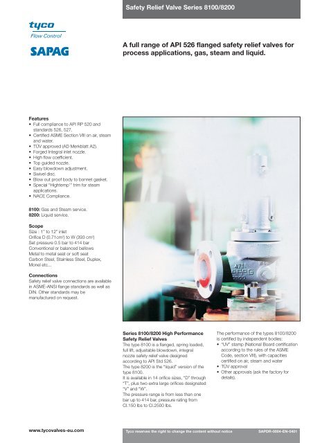 A full range of API 526 flanged safety relief valves for process ...