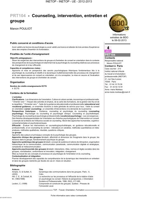 PRT104 - Counseling, intervention, entretien et groupe - Cnam