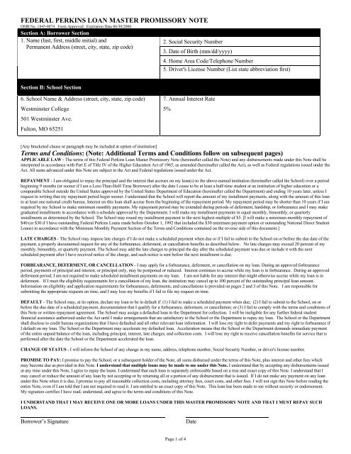 Federal Perkins Loan Master Promissory Note - Westminster College