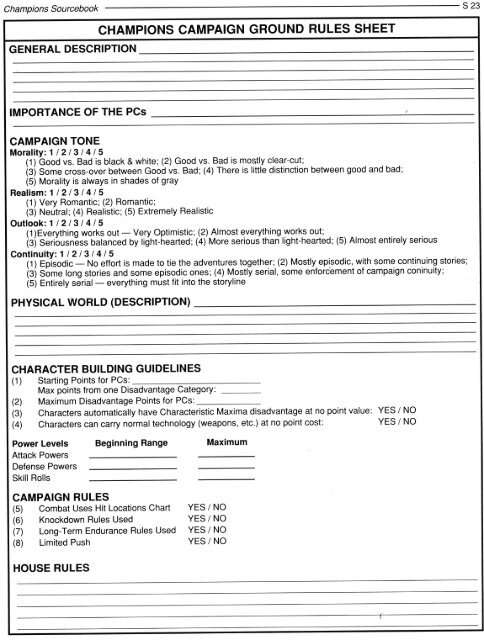CHAMPIONS CAMPAIGN GROUND RULES SHEET - RPG Sheets