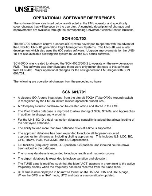 FMS Software Differences 601 thru 1000 - Universal Avionics