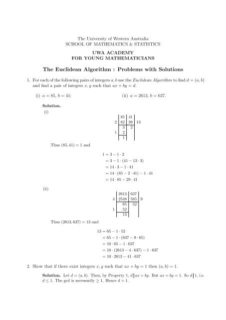 The Euclidean Algorithm Problems With Solutions The University