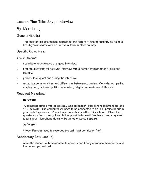 Lesson Plan Title: Skype Interview By: Marc Long