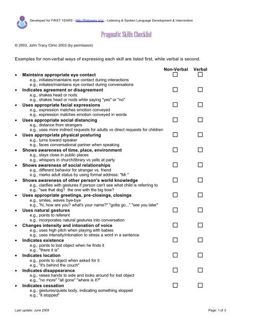 Pragmatic Skills Checklist - FIRST YEARS Pragmatic Skills Checklist - FIRST YEARS