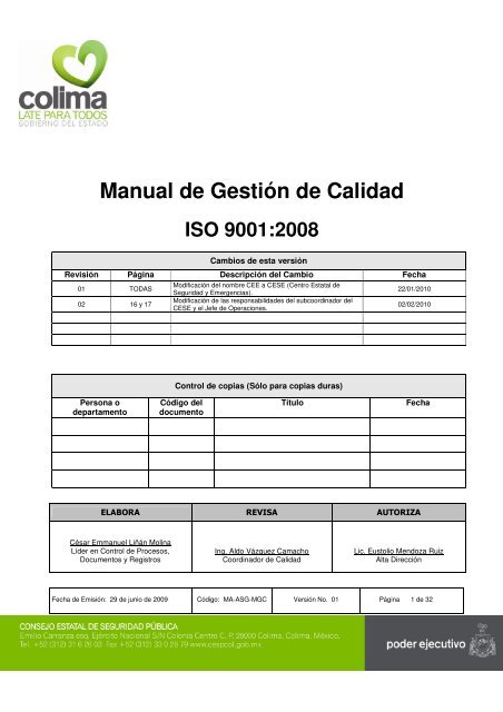 Manual de Gestión de Calidad ISO 9001:2008 - Gobierno del ...