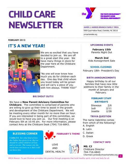 CHILD CARE NEWSLETTER - YMCA of Greater Charlotte