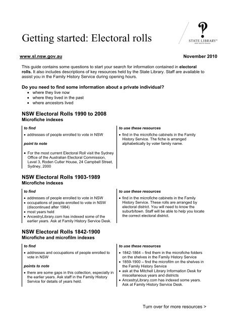 Getting started: Electoral rolls - State Library of New South Wales