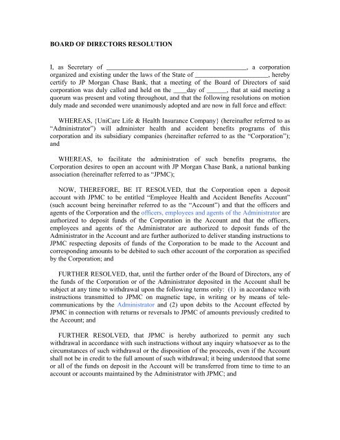 BOARD OF DIRECTORS RESOLUTION