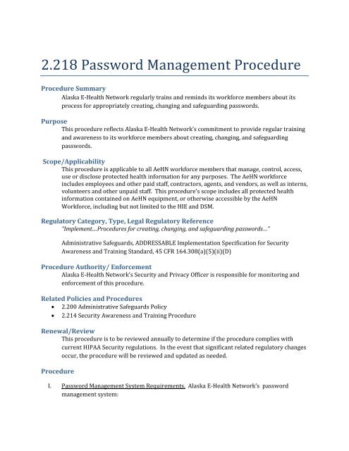 2.218 Password Management Procedure - Alaska eHealth Network