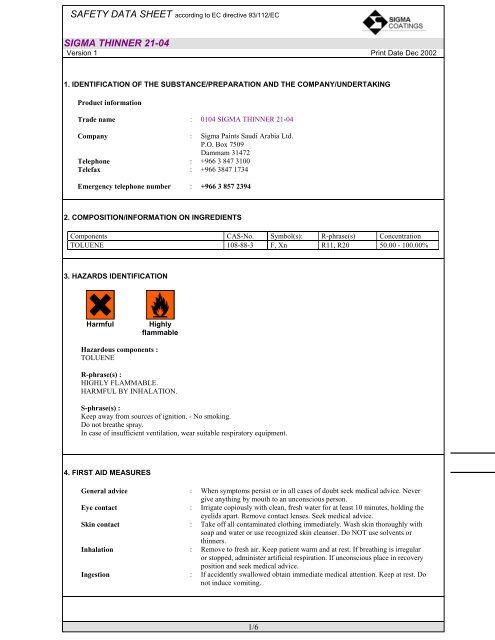 msds 0104 sigma thinner 21-04 - SIGMA PAINTS
