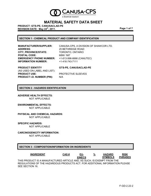 MATERIAL SAFETY DATA SHEET - Canusa-CPS