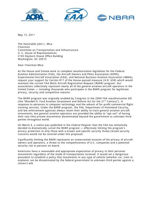 NBAA Sends Joint Letter to Congress Urging Preservation of the ...