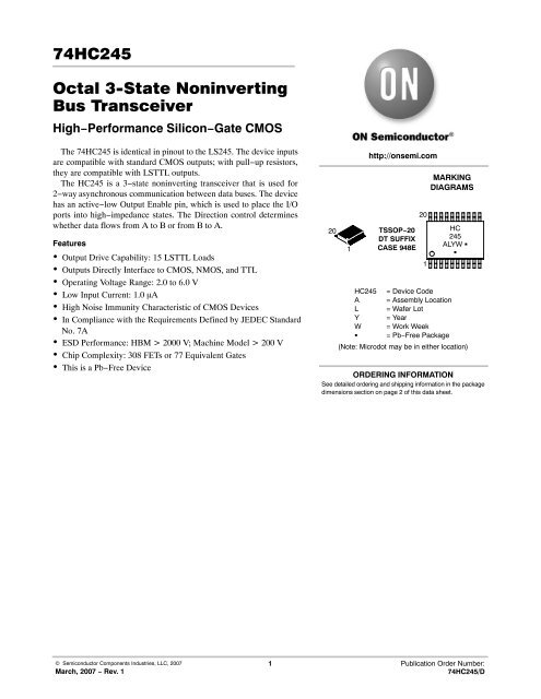 74HC245 Octal 3â State Noninverting Bus Transceiver