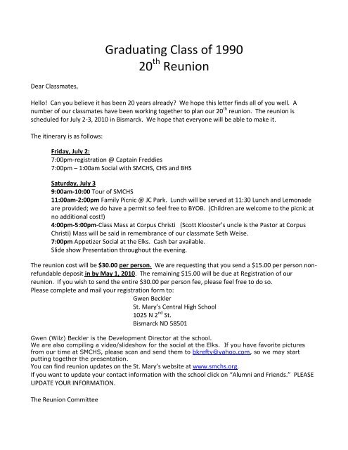 Graduating Class of 1990 20 Reunion - St. Mary's Central High School