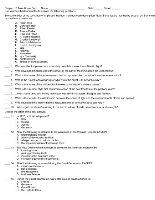Chapter 15 Open Note Quiz