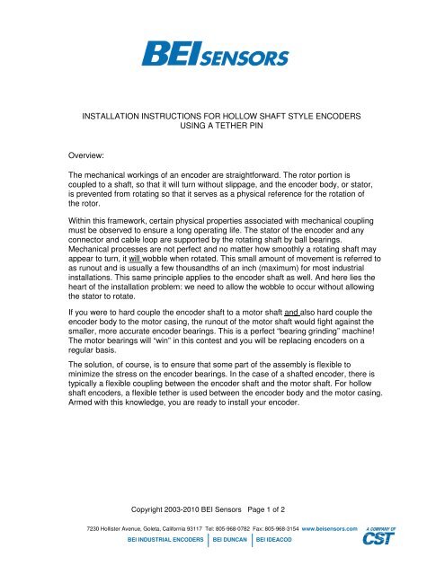 INSTALLATION INSTRUCTIONS FOR HOLLOW ... - BEI Sensors