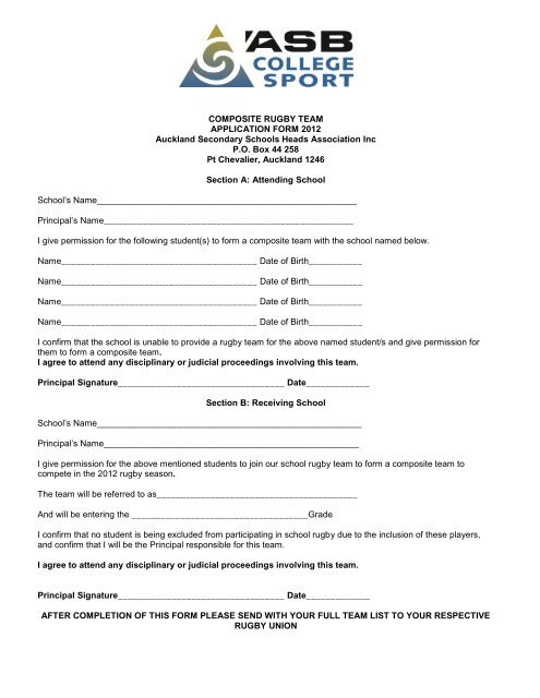 Composite Team Application Form - North Harbour Rugby Union