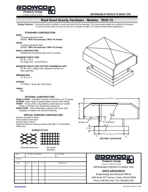 Roof Hood Gravity Ventilator - Models: RHG-15 - Safe-Air Dowco