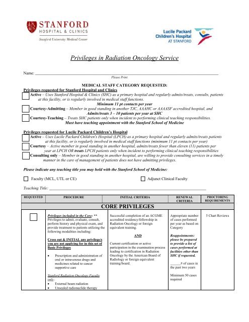 Core Privileges (PDF) - LPCH Intranet - Lucile Packard Children's ...