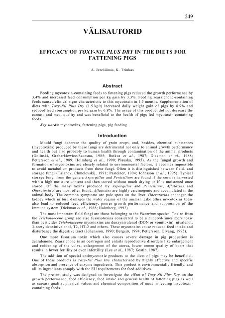 efficacy of toxy-nil plus dry in the diets for fattening pigs