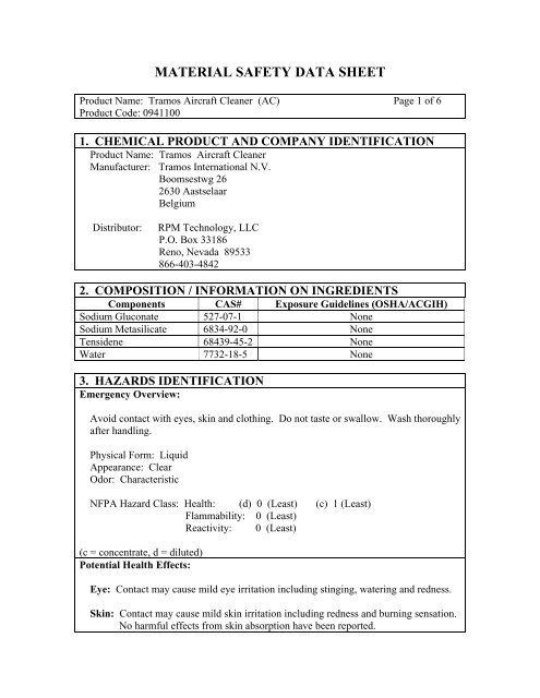 TRAMOS ECONOMIC MSDS LANGUAGE - RPM Technology, LLC