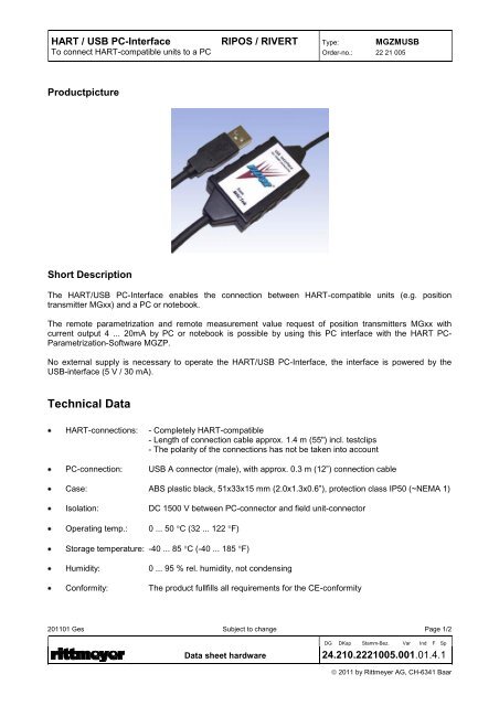 HART / USB PC Interface Data sheet - Rittmeyer