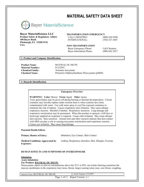 MATERIAL SAFETY DATA SHEET - Spray-Tech Foam Insulation