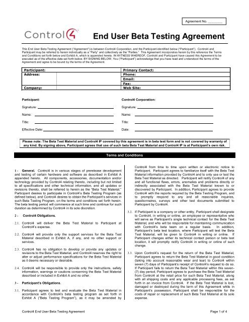 End User Beta Testing Agreement - Control4