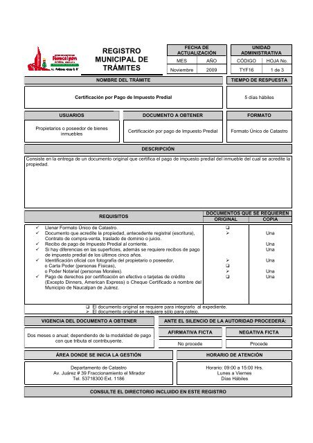 certificacion por pago de impuesto predial - Transparencia ...