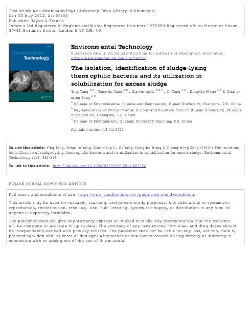 The isolation, identification of sludge-lysing thermophilic bacteria ...
