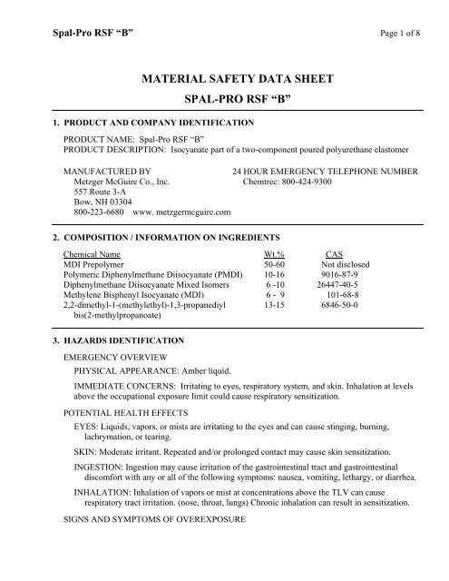 MATERIAL SAFETY DATA SHEET SPAL-PRO RSF “B” - Lesa Systems