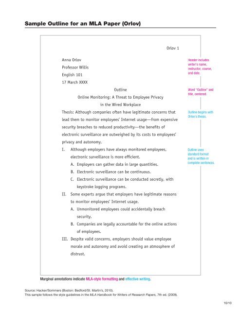 Sample Mla Outline The Document Template