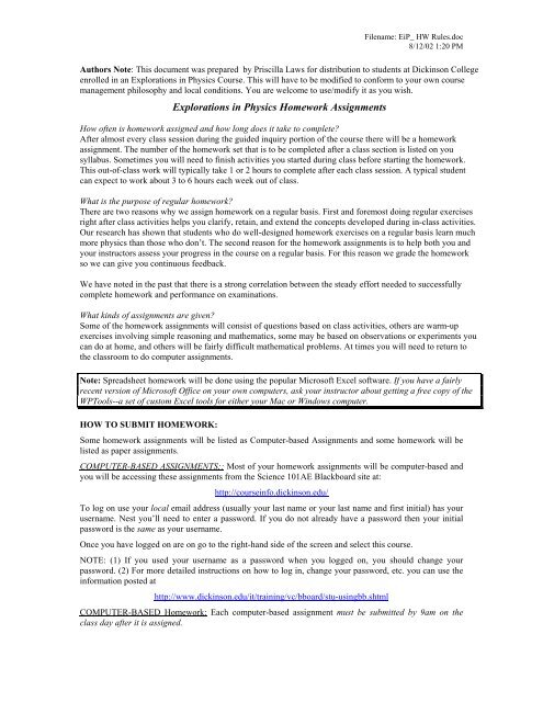 Explorations in Physics Homework Assignments