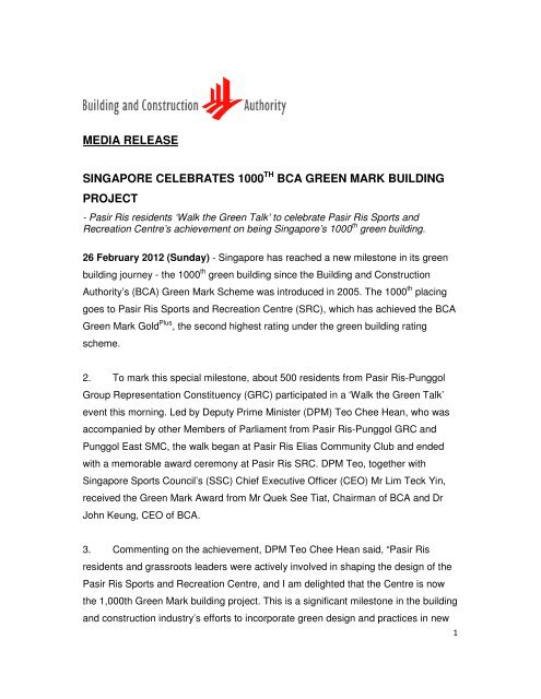 Singapore celebrates 1000th BCA Green Mark Building Project