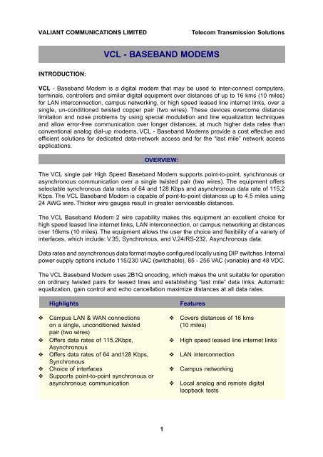 VCL - BASEBAND MODEMS - Valiant Communications Limited