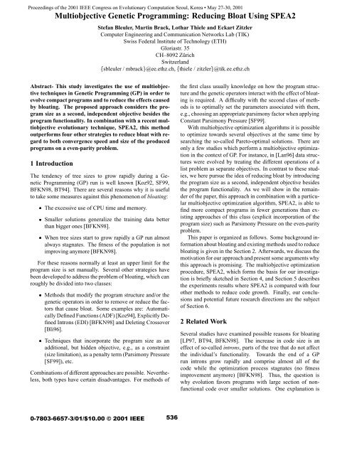 Multiobjective Genetic Programming Reducing Bloat Using Spea2
