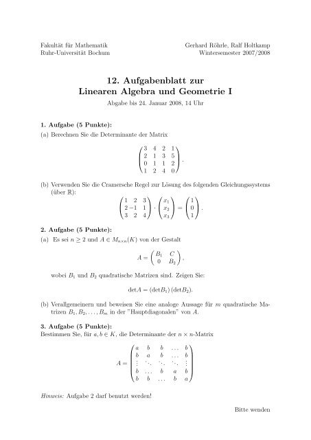 12. Aufgabenblatt zur Linearen Algebra und Geometrie I - Ruhr ...