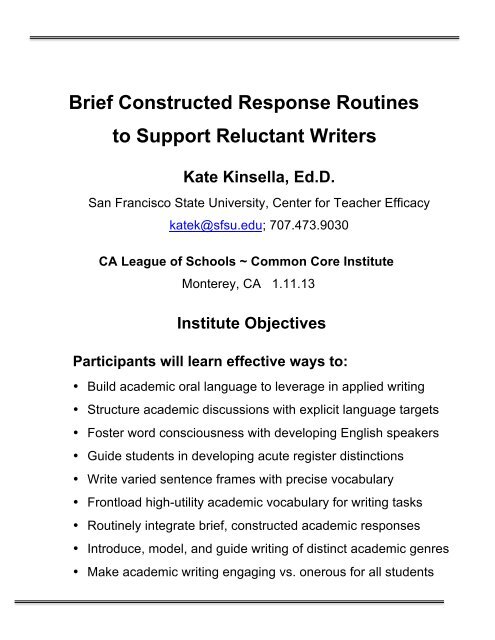 Brief Constructed Response Routines to Support Reluctant Writers