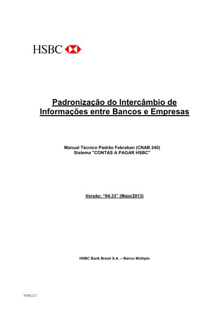 layout contas a pagar / febraban 240 â cnab - HSBC