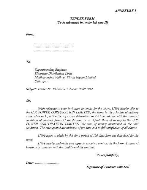 (To be submitted in tender bid part-II) From - MVVNL