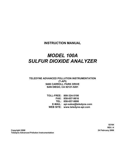 instruction manual model 100a sulfur dioxide analyzer - Teledyne API